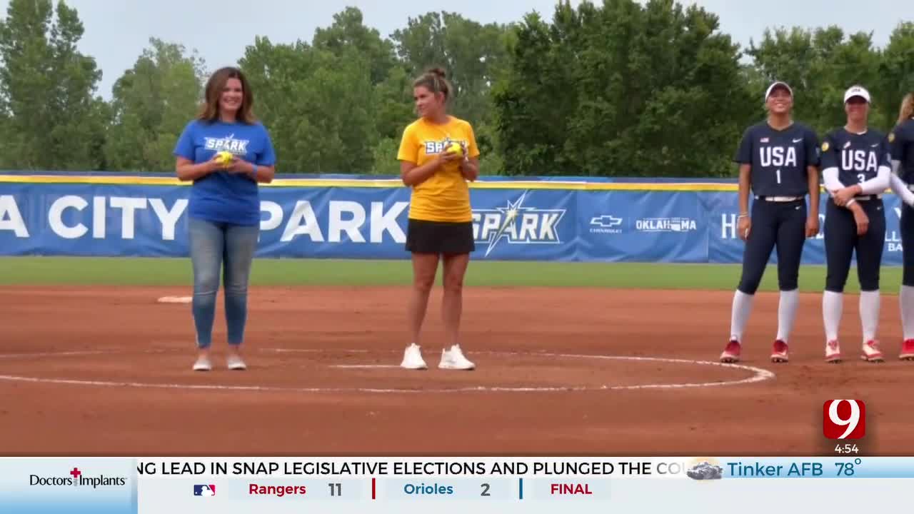 News 9's Lacey Swope And Lacie Lowry Throw First Pitch At OKC Spark Game