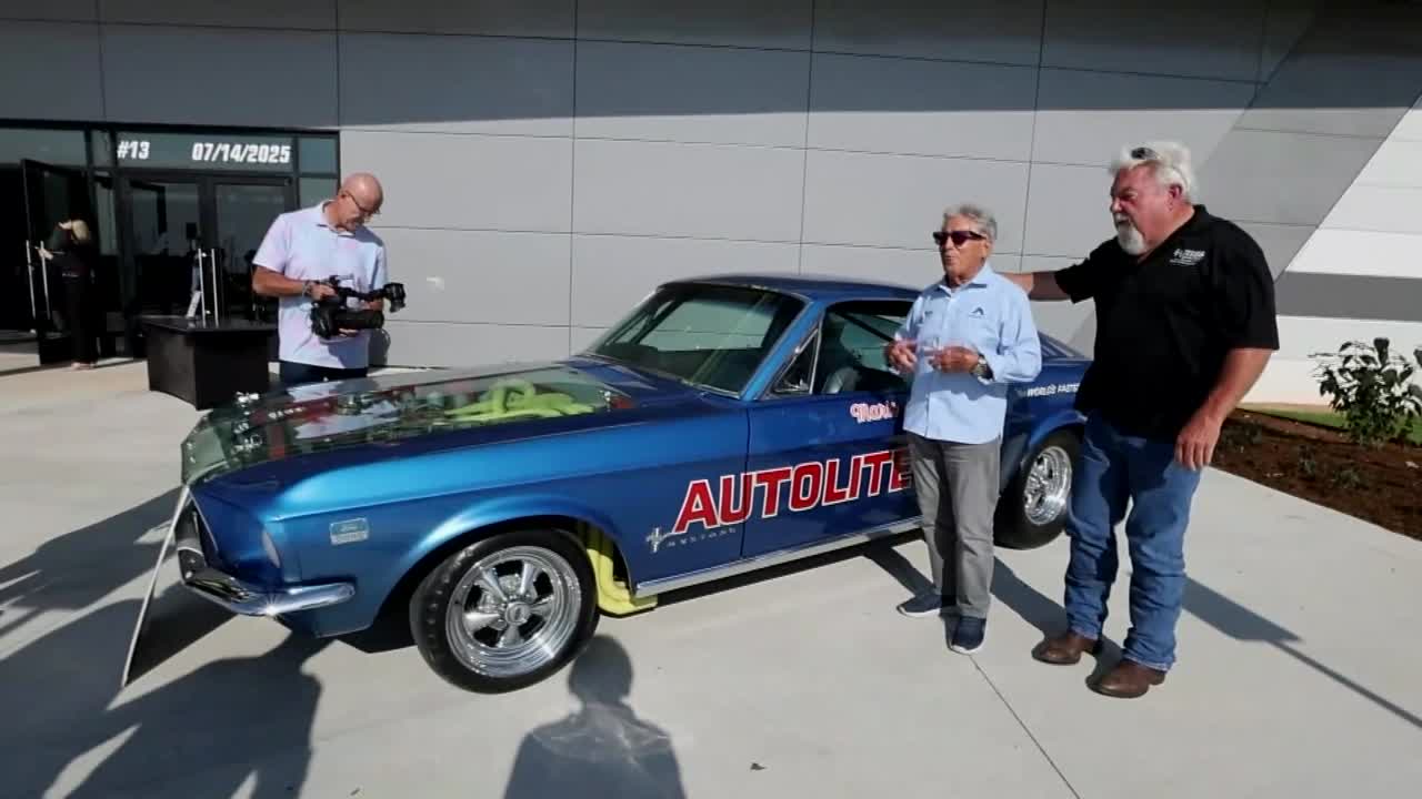 Mario Andretti reunites with vintage Mustang at OKC karting grand opening