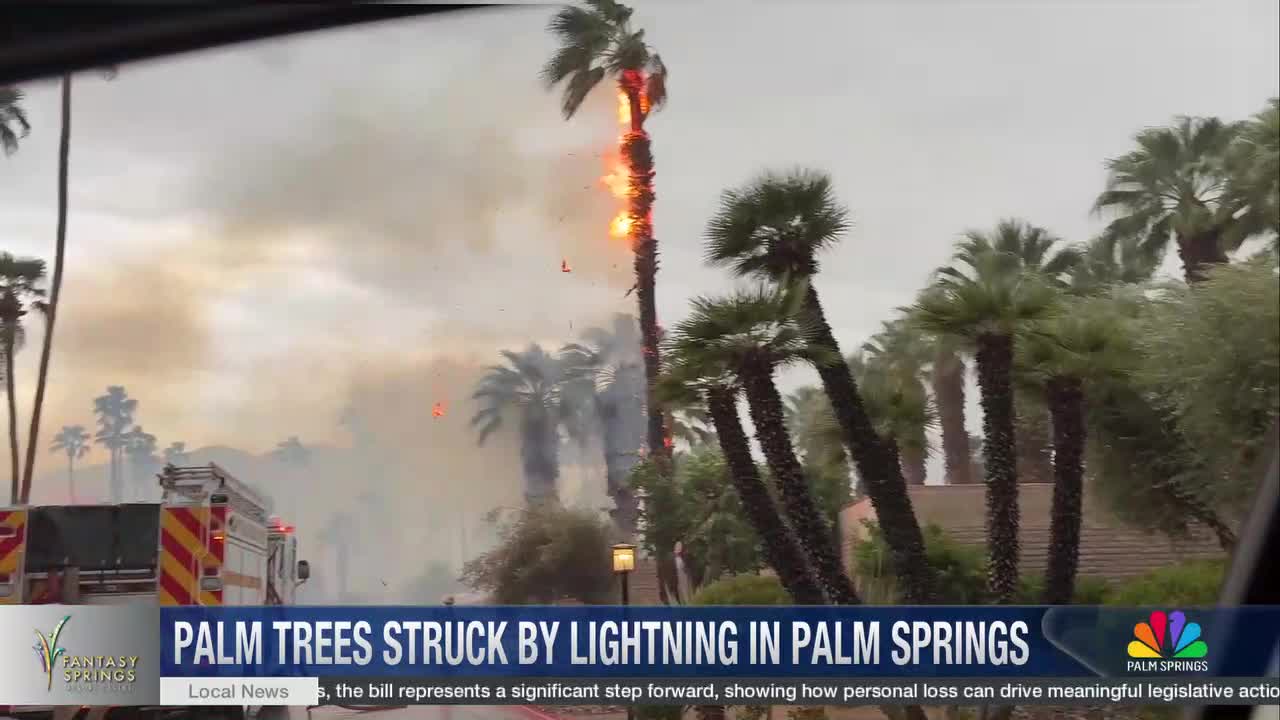 Thunderstorms Roll Through Palm Springs, Lightning Strikes Ignite Palm Trees